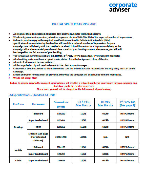 Digital and Print Advertising and Content Specs - Corporate Adviser